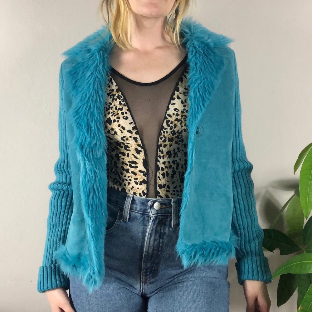 Y2k Fuzzy Collar Faux Suede Jacket - Gem